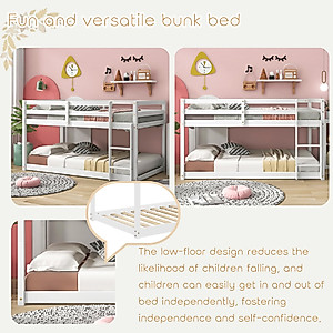 Harper & Bright Designs Low Bunk Beds Twin Over Twin Wood Twin Bunk Bed Frame with Safety Rail Ladder for Kids Bedroom Twin Floor Bunk Bed for Boys Girls Teens, White