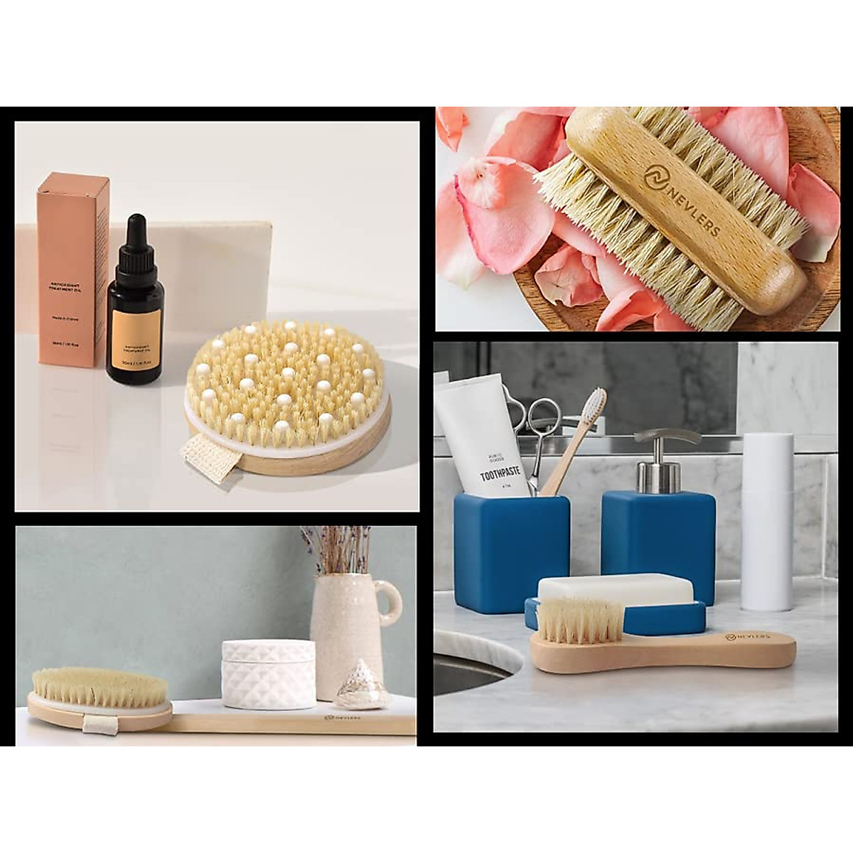 Nevlers Natural Boar Bristle Body Brush Set with Detachable Cellulite Massage Brush and Long Wooden Handle for Dry Brushing Perfect Kit to Exfoliate and Get Rid of Cellulite