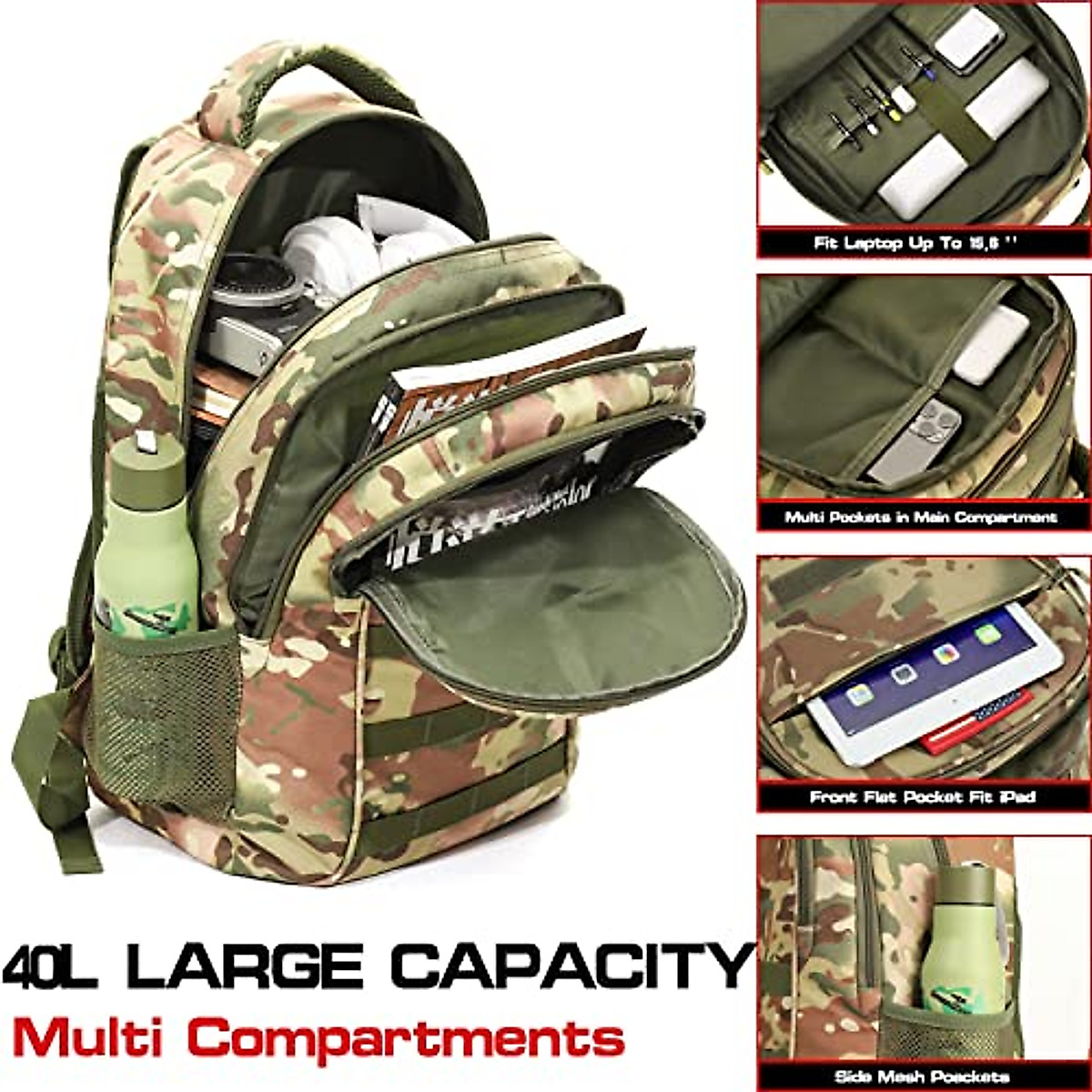 Camo Backpack for Men,Army Military Boys Backpack for School with Pen Bag,40l Waterproof Day Pack for Outdoor Travel Camping