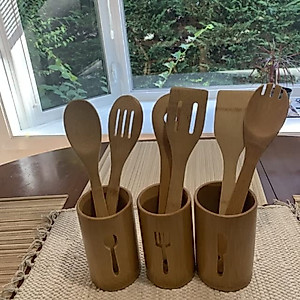 Better World Bio Bamboo Utensil Holders (Bundle of Three) with Flatware Design, Wooden Kitchen Utensil Holder For Countertop, Kitchen Utensil Caddy, Silverware Organizer, 6"x4"x4"