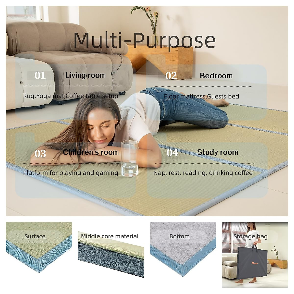 MustMat Tatami Mat Japanese Foldable Mattress Full Size Japanese Floor Bed Mattress Rush Grass (Full)