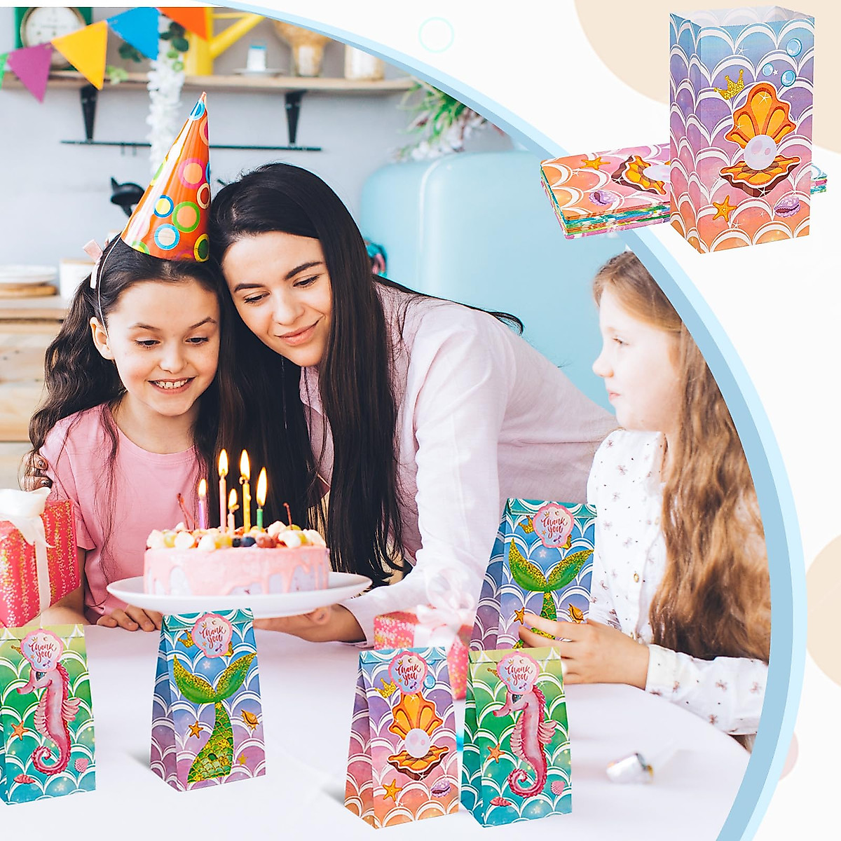 VGOODALL 24PCS Mermaid Party Favor Bags, Sea Theme Party Favor Bags Mermaid Gift Bags with Sealing Stickers for Baby Shower Bridal Shower 4.7" x 3.1" x 8.7"