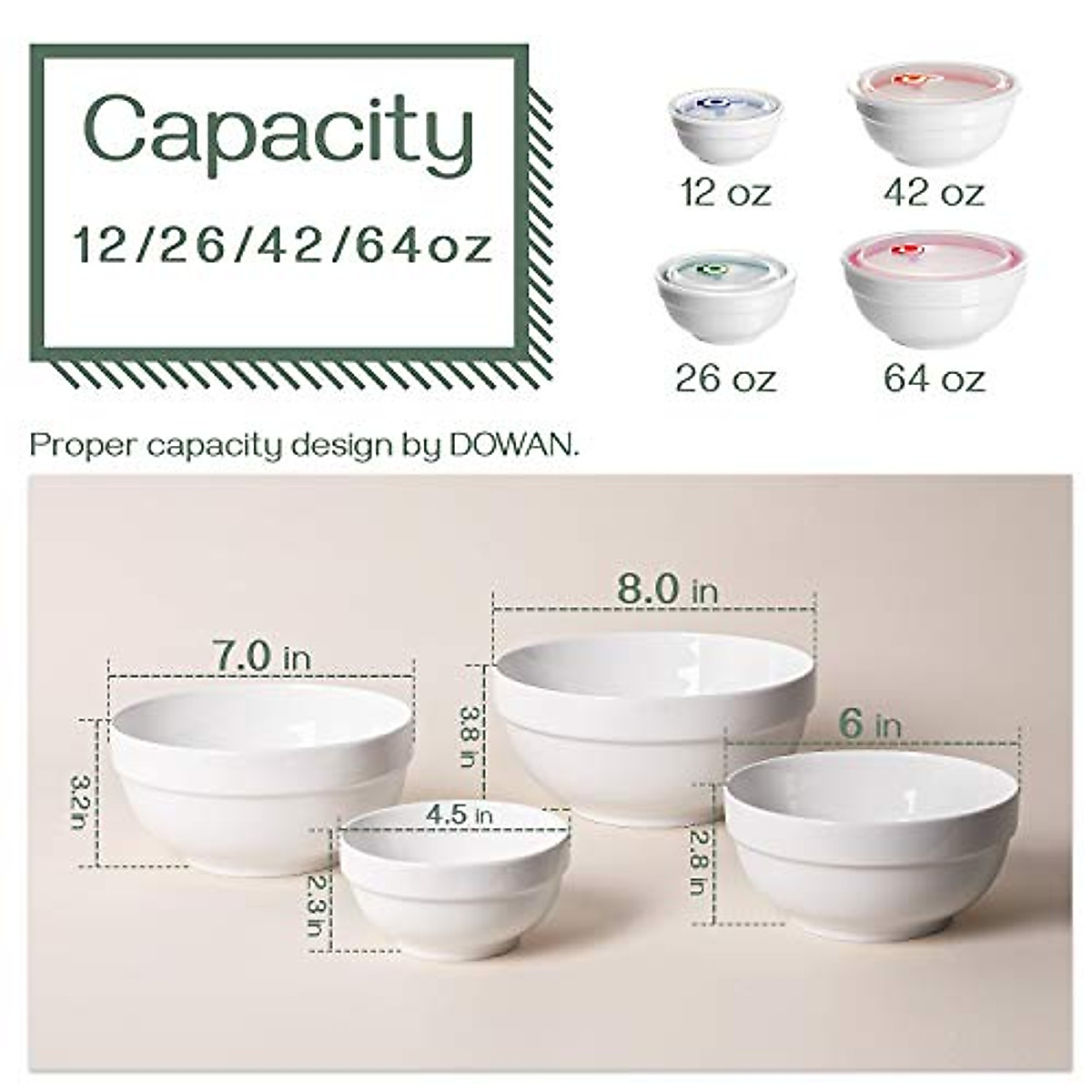 DOWAN Bundle Porcelain Serving Bowls, 64/42/22/12 Ounce