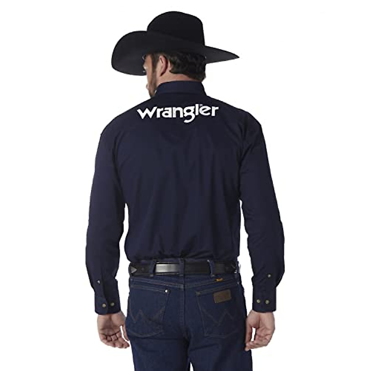 Wrangler mens Western Logo Two Pocket Long Sleeve Button Down Shirt, Navy, Large US