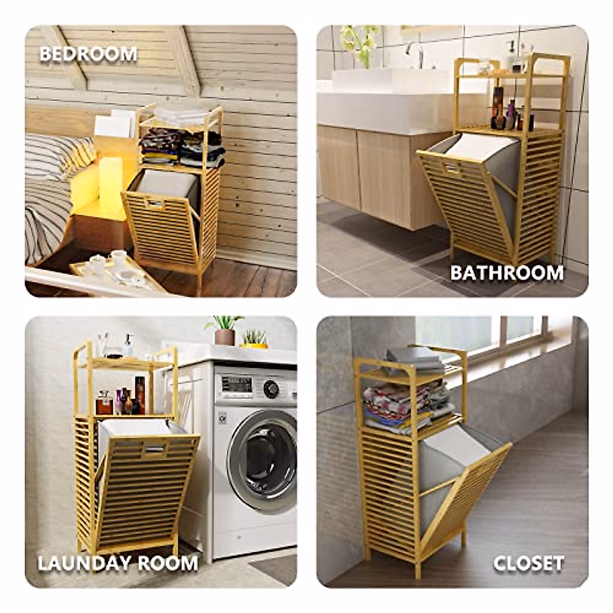 Bamboo Laundry Hamper Basket with Liner Bag Storage - Clothes Hamper with Handles 2-Tier Shelves Space Saving Laundry Room Shelves for Bathroom Living Room Bedroom Decorate