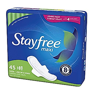 Stayfree Maxi Super Long Pads with Wings For Women, Reliable Protection and Absorbency of Feminine Periods, 45 count