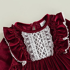 Infant Toddler Girl Christmas Outfits Long Sleeve Dress Lace Vintage One Piece Skirt Red Velvet Party Banquet Sundress (Dark Red, 3-6 Months)