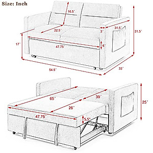 3 in 1 Convertible Sleeper Sofa Bed, Antetek Modern Chenille Loveseat Sleeper Sofa Couch with Pull-Out Bed, Small Love seat Sofa Bed with Reclining Backrest & Side Pocket for Living Room, Black, 54.6"