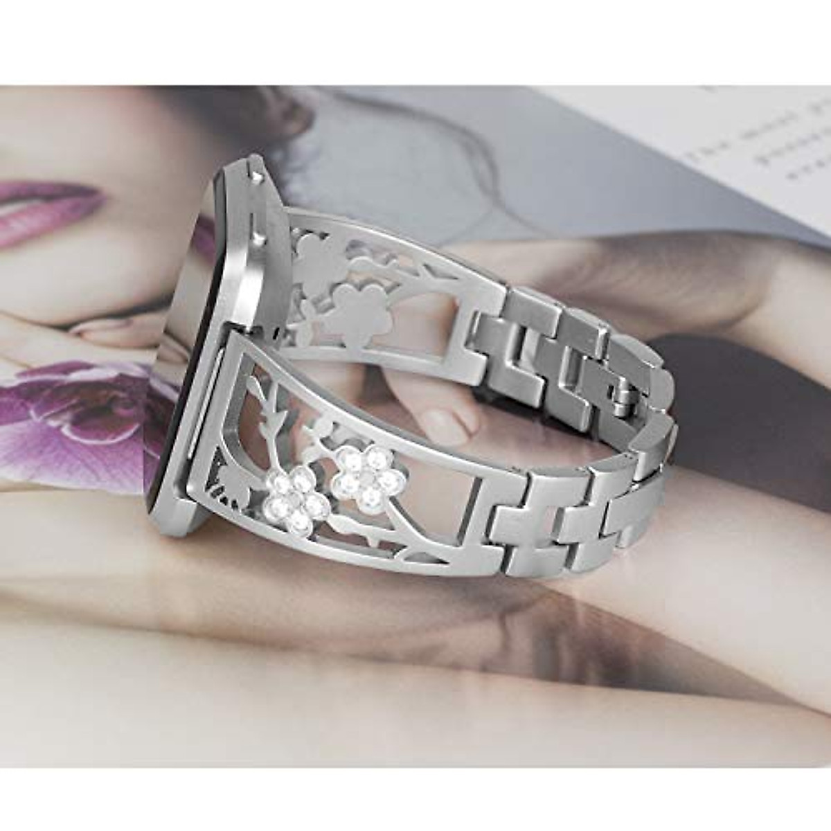 Mtozon Stainless Steel Bands Compatible with Fitbit Versa 2/Versa Lite/Versa for Women, Luxurious Bling Bracelet with Rhinestone Metal Wristbands, Silver