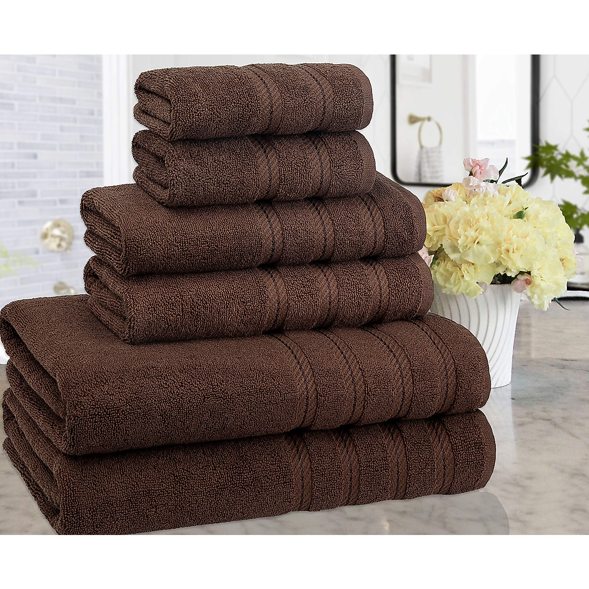 American Soft Linen 100% Turkish Carde Cotton 6 Piece Towel Set, 560 GSM Towels for Bathroom, Super Soft 2 Bath Towels 2 Hand Towels 2 Washcloths, Dark Brown