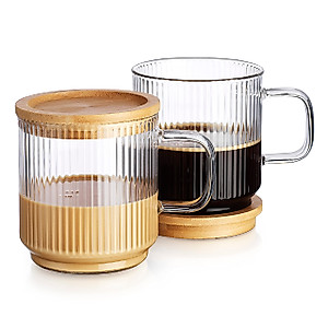 Glaver's Coffee Mug with Lid Borosillcate Glass Set of 2, 12 oz Ribbed Tea Cup With Bamboo Lid and or Coaster 2in1. For Espresso, Mocha, Cappuccino.