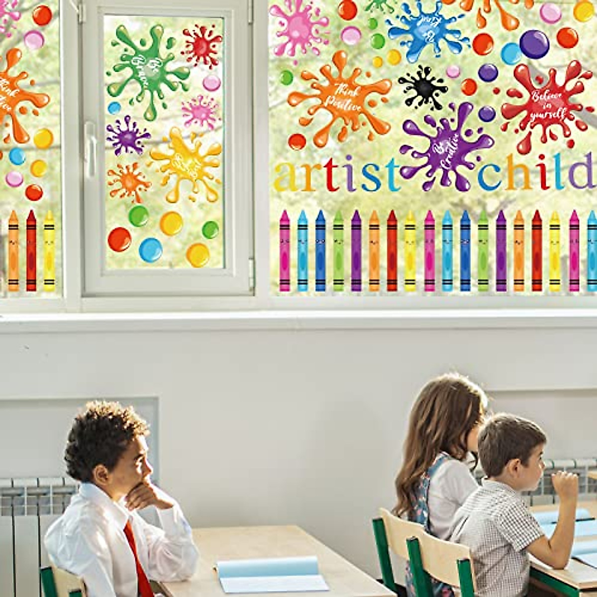 GreenPine 7 Sheets Inspirational Quotes Window Clings Stickers Every Child Is an Artist Colorful Paint Splatter Back to School Positive Sayings Home Bedroom Living Room School Classroom Nursery Playroom Decoration​
