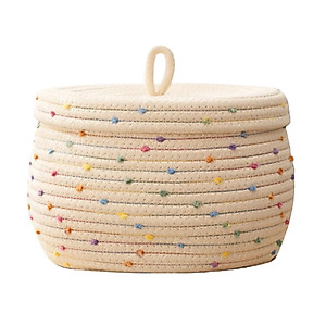 Woven Storage Basket, Round Cotton Rope Storage Basket with Lid Cute Colorful Rainbow Empty Gift Container for Organizing