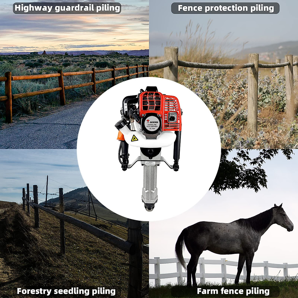 JACKCHEN 52CC Gas Powered T Post Driver with carry bag, Air Cooling Single Cylinder 2 Stroke Gasoline Petrol Garden Fencing Tool Machine with 2 Post Driving Head