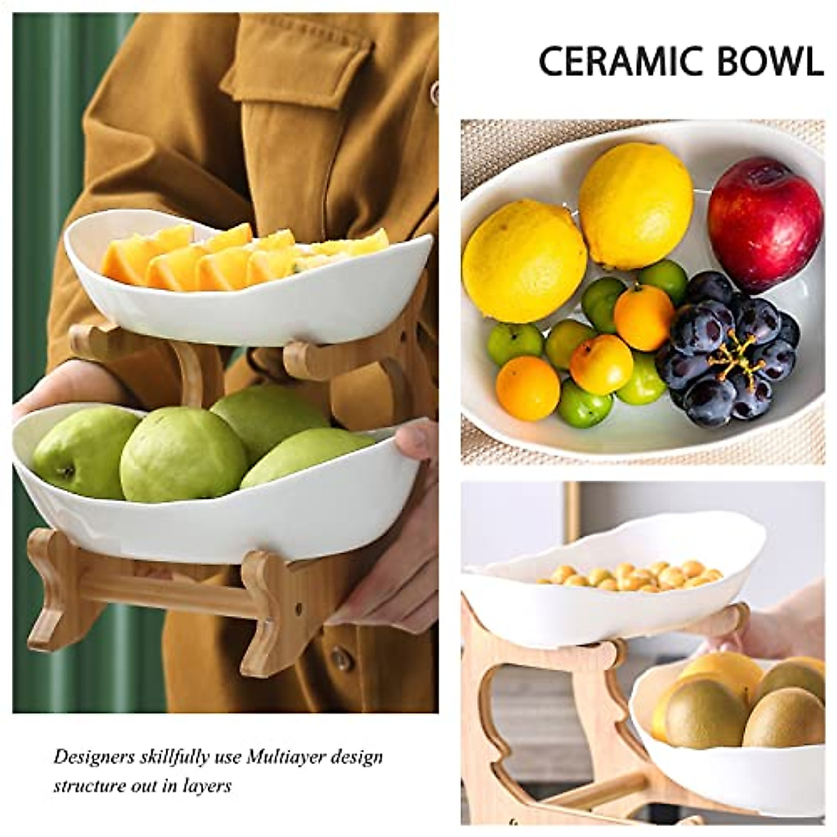 Liywall - 2 Tier Ceramic Fruit Bowl With Bamboo Wood Stand for Kitchen Counter,Porcelain Fruit Basket for Vegetable Storage,Snack Dessert Cake Tray Plate Rack for Party Wedding - White