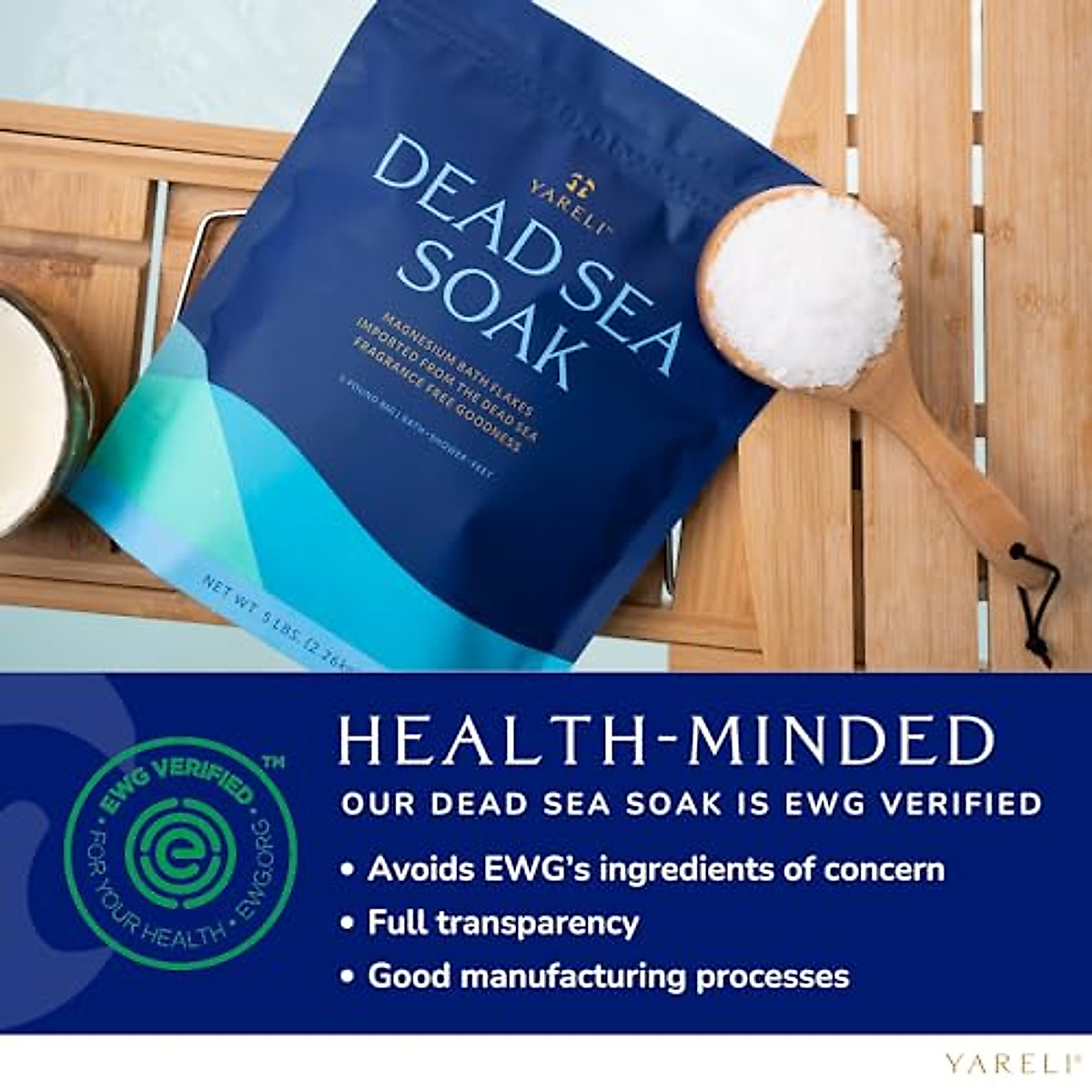 Yareli Dead Sea Bath & Foot Soak, Unscented Magnesium Bath Salt Flakes, Alternative to Epsom Salt, 15lbs with Over 800,000mg of Elemental Magnesium Per Bag