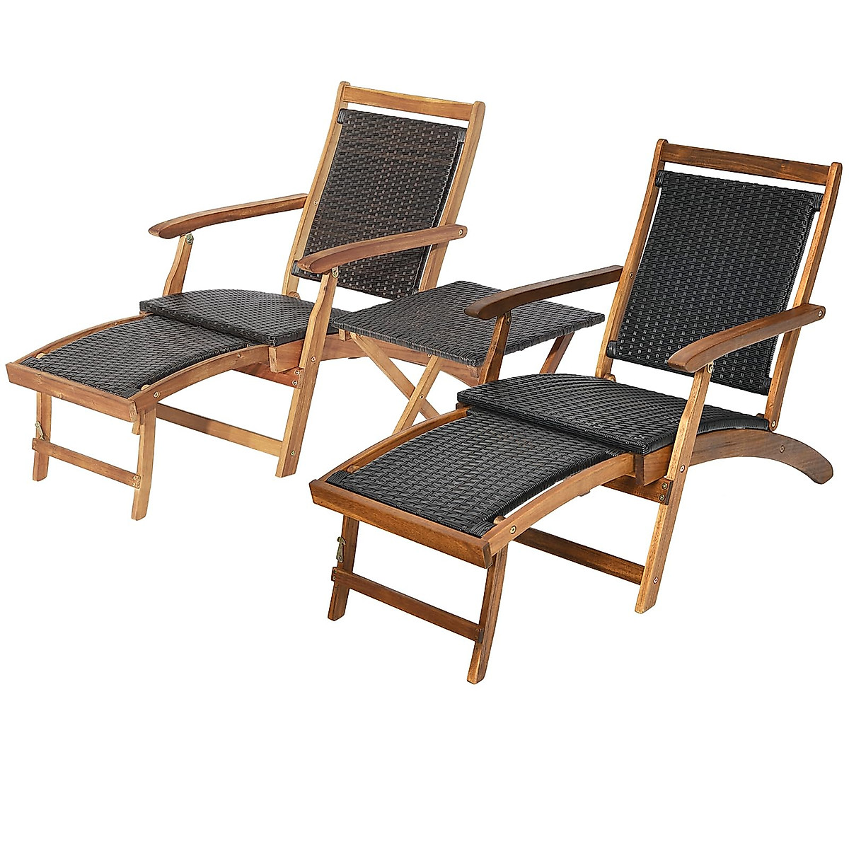 HAPPYGRILL Patio Lounge Chair Set of 3, Outdoor Acacia Wood Rattan Wicker Chaise Lounge w/Side Table, Deck Chair w/Armrest & Retractable Ottoman, for Backyard, Poolside
