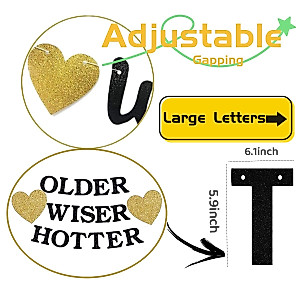 OLDER WISER HOTTER Banner Funny Birthday Party Decoration Supplies Glitter Hanging Garland Kit 10pcs Balloons Bunting 30th 40th 50h 60th 70th 80th Birthday Party Photobooth Backdrop Adult Black Gold
