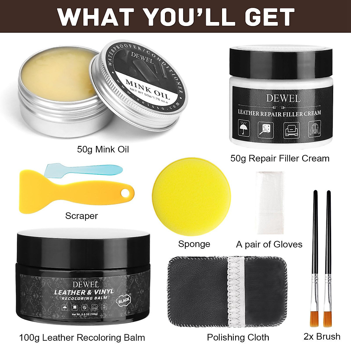 DEWEL Leather Recoloring Balm Black, Mink Oil Leather Conditioner & Leather Filler Cream, Professional Leather Repair Kit for Furniture, Restore Couches, Car Seats, Purse, Scratch, Peeling, Burn Holes