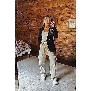 Happy Sailed Womens Tweed Blazer Jackets Fashion Double Breasted Lapel Collar Business Blazers with Pockets Long Sleeve Open Front Office Professional Blazer Work Suits 2023 Black Large