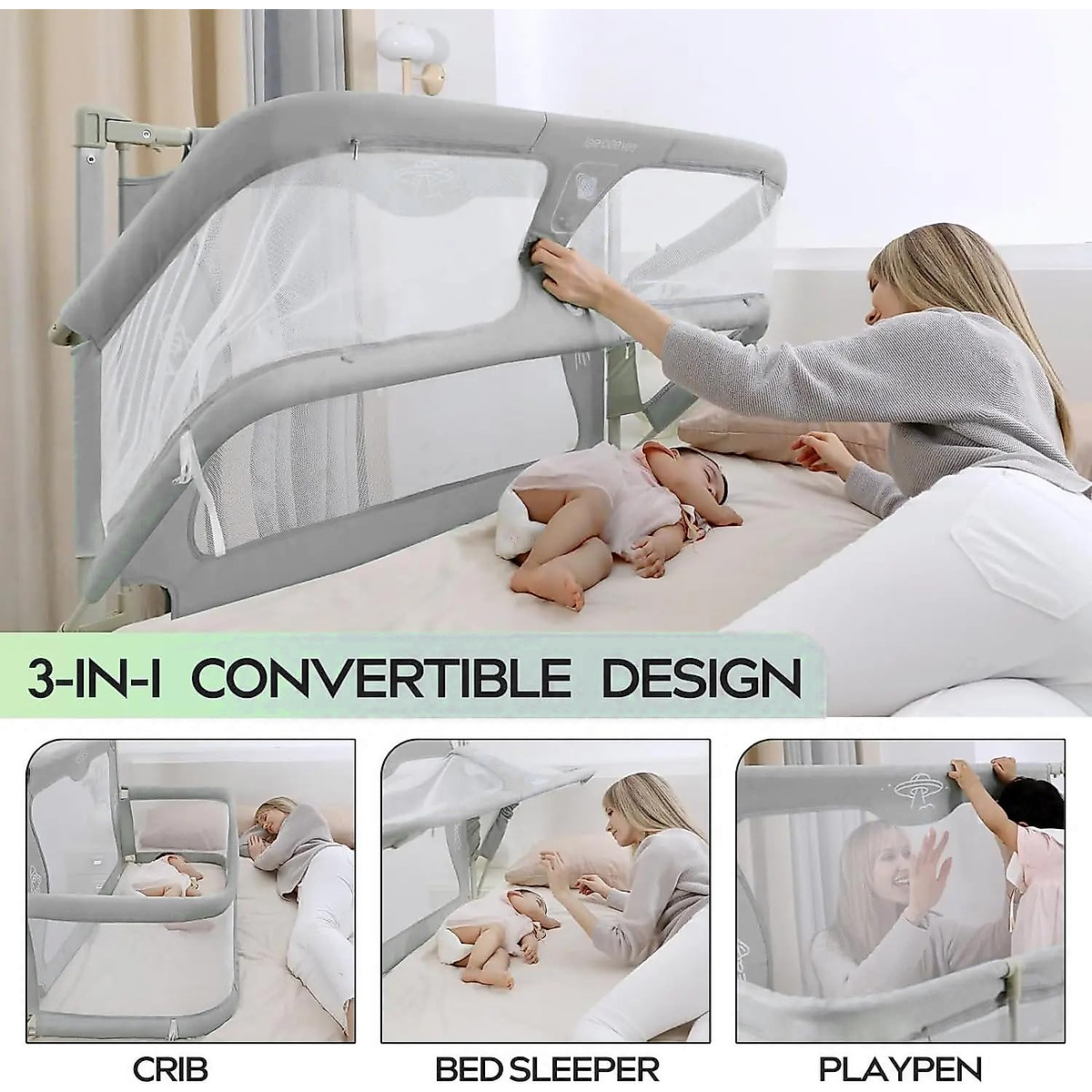 PANBAYI Bedside Crib - 3 in 1 Baby Bassinet, Portable Crib and Bed Rail for Co-Sleeping Babies. Bed Side Lifting Fence with Adjustable Height，Easy to Assemble,Bed Rail for Toddlers