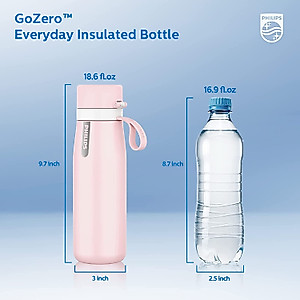 PHILIPS Insulated Stainless Steel Filtered Water Bottle, Replaces 450 Plastic Bottles with 3 GoZero Everyday Water Filters, BPA-Free, Keeps Cold/Hot, 18.6oz Pink