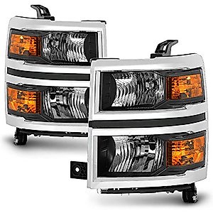 South Mud Bay Compatible with Cab Crew Extended [Chrome Trim] Headlight Lamp Pair HD-JH-CS14-CC-BK