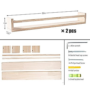AZSKY Nursery Bookshelf Set of 2,36 Inch Natural Wood Nursery Book Shelves Wall Bookshelves for Kids,Baby Floating Bookshelves for Wall,Bathroom Living Room Decor,Can Be Dyed
