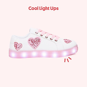 FabKids Girls Light Up Sneakers Glitter Heart White Shoes Low Top Lace Up Tennis Sneaker for Little Kid Size 2