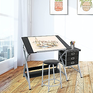 JupiterForce Drafting Table with Tiltable Tabletop and Stool, 3 Storage Drawers, Art Desks for Adults, Painters, Work Station, Home Office, Black