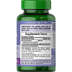 Puritans Pride Milk Thistle 4:1 Extract 1000 Mg (Silymarin) Softgels, 180 Count