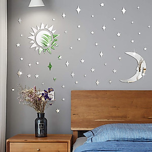 Amaonm Removable 3D Acrylic Mirror Surface Crystal Moon and Stars Wall Decal DIY Home Art Decor Wall Sticker Murals for Kids Boys and Girls Bedroom Room Ceiling Bathroom TV Background