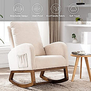 jeerbly Nursery Rocking Chair,Upholstered Fabric Accent Armchair,Wooden Padded Seat with 2-Side Pocket,Nursing Chair with Rubber Wood Legs,Glider Chair for Nursery,Living Room,Home Office (Beige)