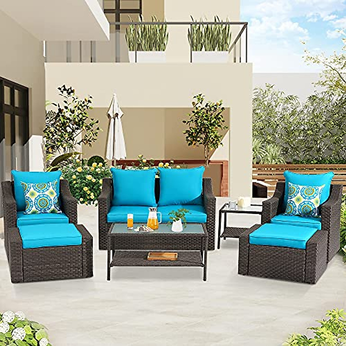 May in Color 7 Pieces Outdoor Patio Furniture Set, Wicker Conversation Set with Ottomans Cushions, Sectional Lounge Chair Sofa with Coffee Table, for Porch Deck Poolside Garden Balcony Backyard, Blue