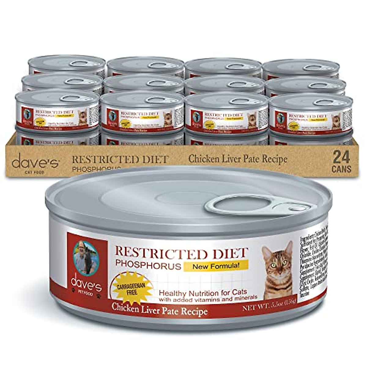Dave's Pet Food Kidney Support Wet Canned Cat Food for Renal Health (Chicken Liver & Chicken Pate), Non-Prescription Low Phosphorus Restricted Diet 5.5 oz,(24 Pack)