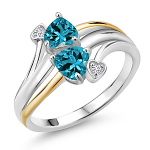 Gem Stone King 1.12 Ct London Blue Topaz 925 Silver and 10K Yellow Gold 2 Heart Promise Couple Engagement Mother Lab Grown Diamond Ring (Size 7)
