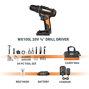 Worx 20V 3/8" Cordless Drill with 84pc Accessory Kit, Variable 2-Speed Drill Set 265 In-Lbs Torque 20+1 Clutch, Lightweight Compact Drill Driver 3/8-Inch Keyless Chuck – Battery & Charger Included