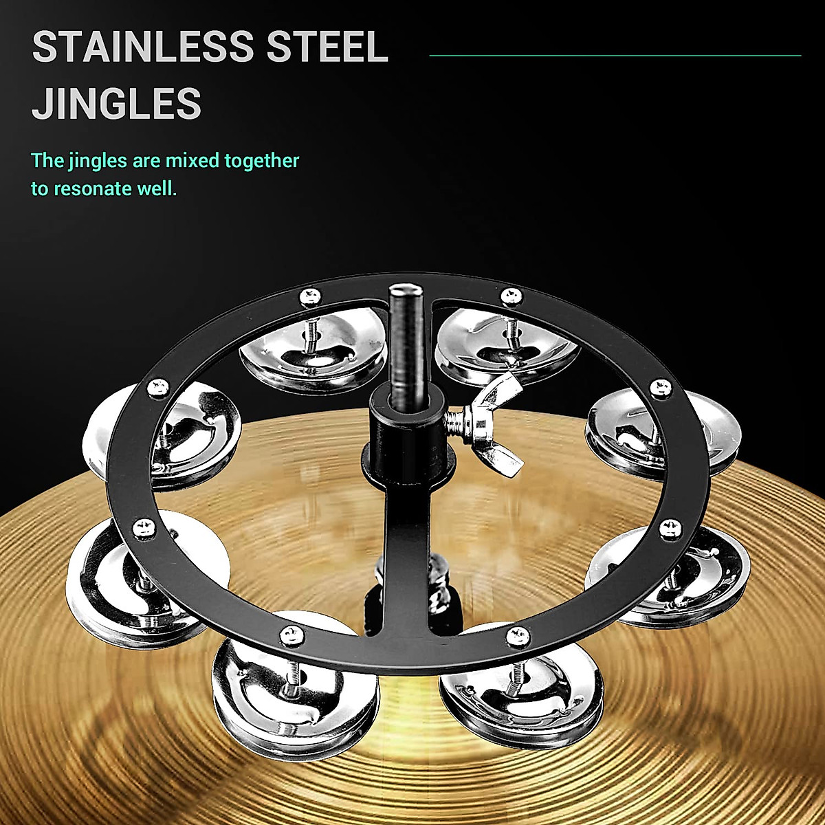 Facmogu 5.5 Inch Mountable Cymbal Hi-hat Tambourine with Single Row 8-pair Stainless Steel Jingles 37cm/1.5in, Drum Set Tambourine with Wing Nut Mount & Durable Alloy Construction for Hihats - Black