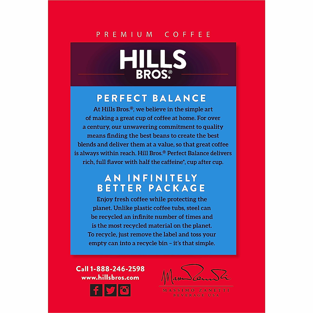 Hills Bros Perfect Balance Ground Coffee, Medium Roast,Full-Bodied Classic Rich Taste, Half the Caffeine, 23 Oz