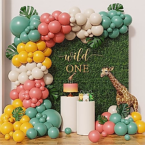 137PCS Jungle Safari Wild Woodland Balloon Arch Garland Kit, Sage Green Dusty Pink Lemon Yellow Sand White Balloons for Wild One Theme Party Kids' Birthday Party Baby Shower Wedding Decorations
