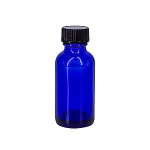 1 oz Cobalt Blue Glass Boston Round Bottles With Black Ribbed Cap - Pack of 24