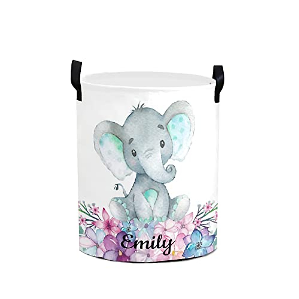Grandkli Cute Floral Elephant Personalized Freestanding Laundry Hamper, Custom Waterproof Collapsible Drawstring Basket Storage Bins with Handle for Clothes, Toy, 50cm x 36cm