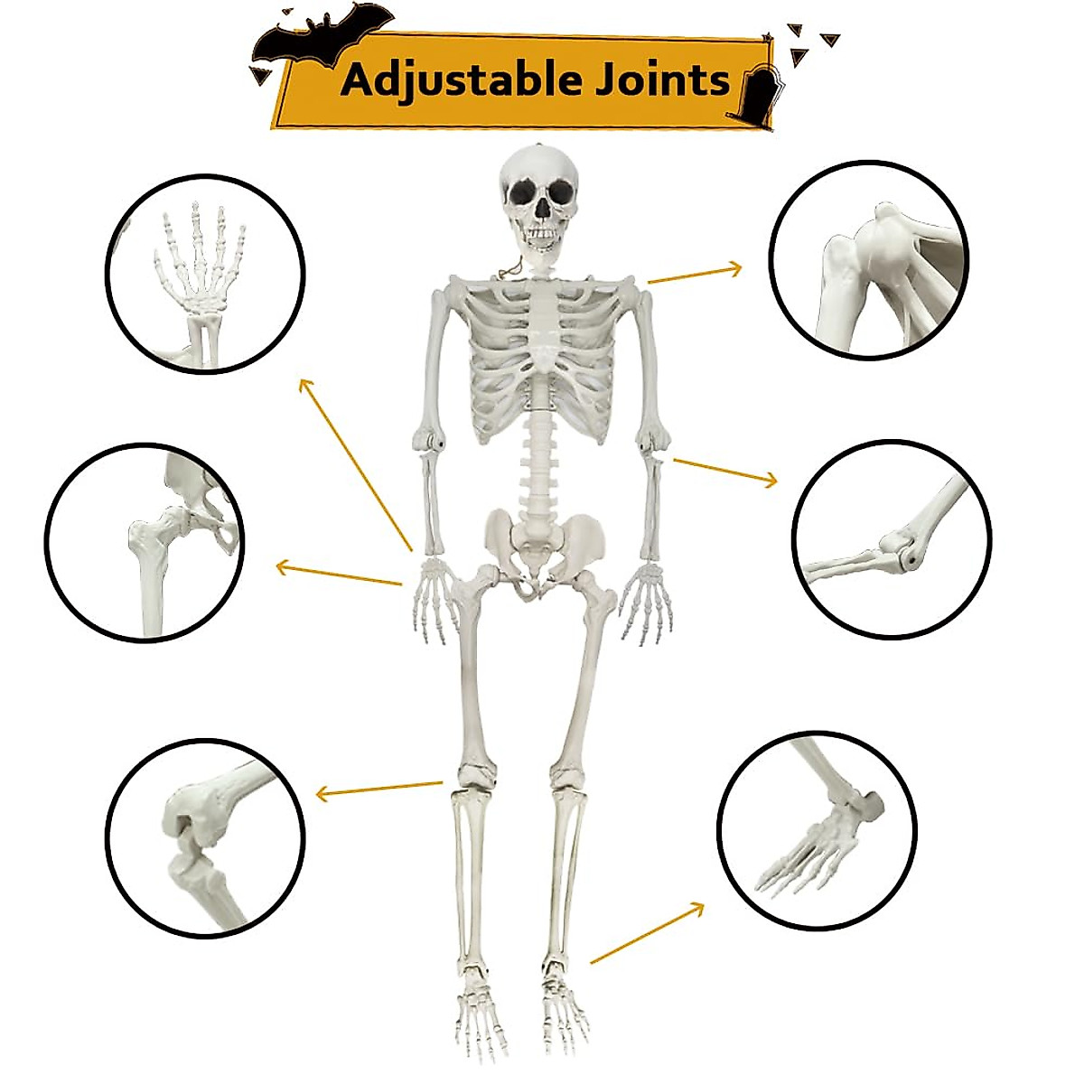 Halloween Skeleton, Full Size Skeleton Skull Decor with Movable Posable Joints for Halloween Front Yard Patio Lawn Garden Props Spooky Party Decoration