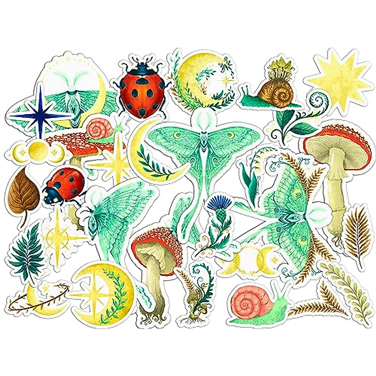 34 PCS Cute Sticker Pack Luna Mushrooms Vinyl Set for Bicycle Waterproof for Luggage Ladybug Cute Fern for Skateboard for Planner Butterfly Decals for Water Bottles for Notebook Moth