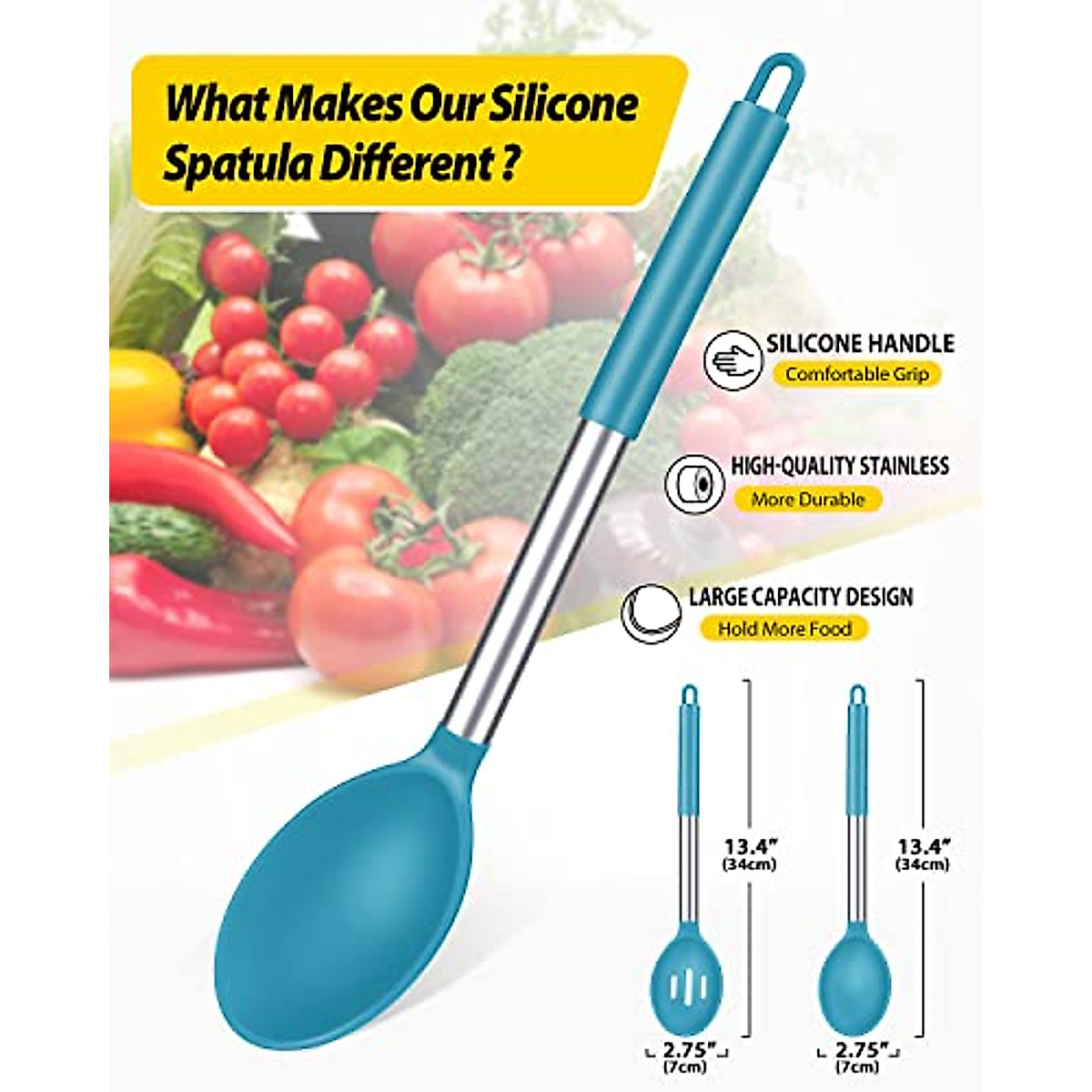 Pack of 2 Large Silicone Cooking Spoons,Non Stick Solid Basting Spoon,Heat-Resistant Kitchen Utensils for Mixing,Serving,Draining,Stirring (BLUE)