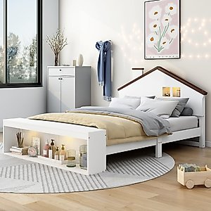 Merax Full Size Platform Bed, Wood Full House Platform Bed Frame with LED Lights and Storage, White