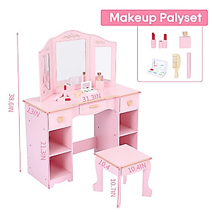 EGFheal Kids Vanity Set with Mirror and Drawer - Girls' Vanity Table and Chair Set with Wood Makeup Playset, Perfect for 3-9 Yr, Pink, PINK102PA