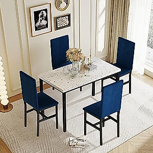 Hooseng Dining Table Set for 4, Faux Marble Kitchen Table and Chairs for 4, 5 Piece Dinner Kitchen Table Set -Size: 47L x 27W x 30H, Space Saving Dining Table Furniture Set for Apartment, Restaurant