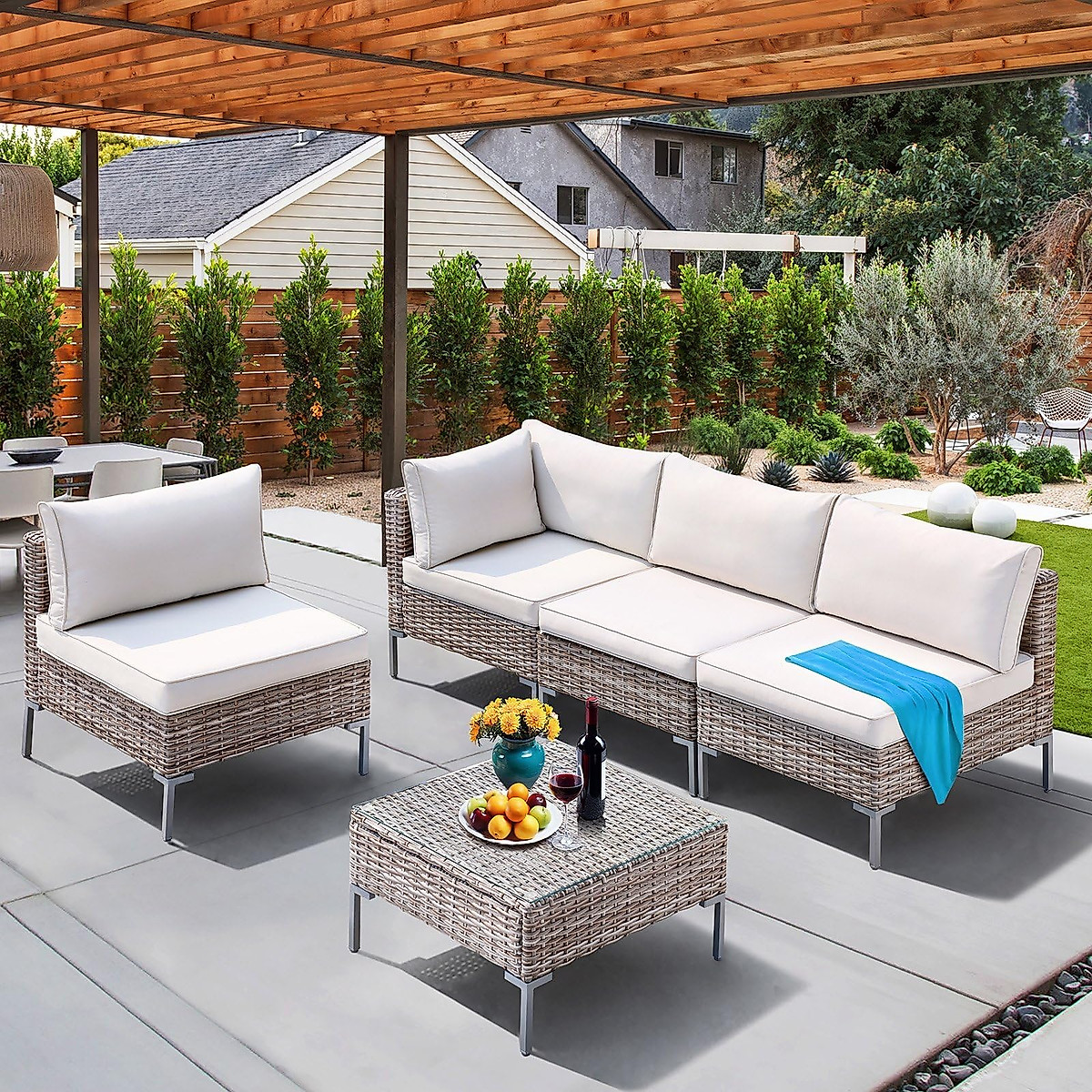 LuxaDomus Patio Furniture Set 5 Pieces, Outdoor Patio Conversation Set with Patio Table, Wicker Outdoor Sofa with Thickened Cushion, PE Rattan Outdoor Furniture Sectional Couch for Garden Backyard