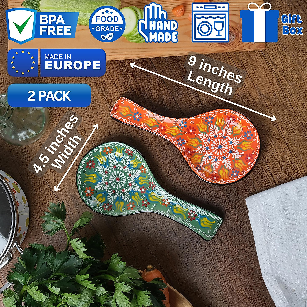 BCS Spoon Rest Set of 2 - Ceramic Spoon Holder for Stovetop & Kitchen Counter - Dishwasher Safe Handmade Kitchen Utensil (Green-Orange 4.5” W x 9" L)